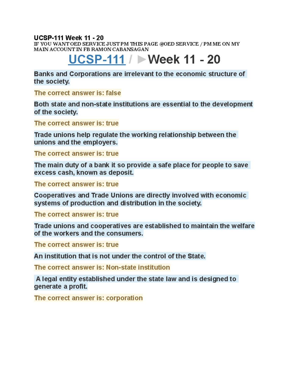 UCSP - ucsp source week 1 to 10 - UCSP-111 Week 11 - 20 IF YOU WANT OED ...