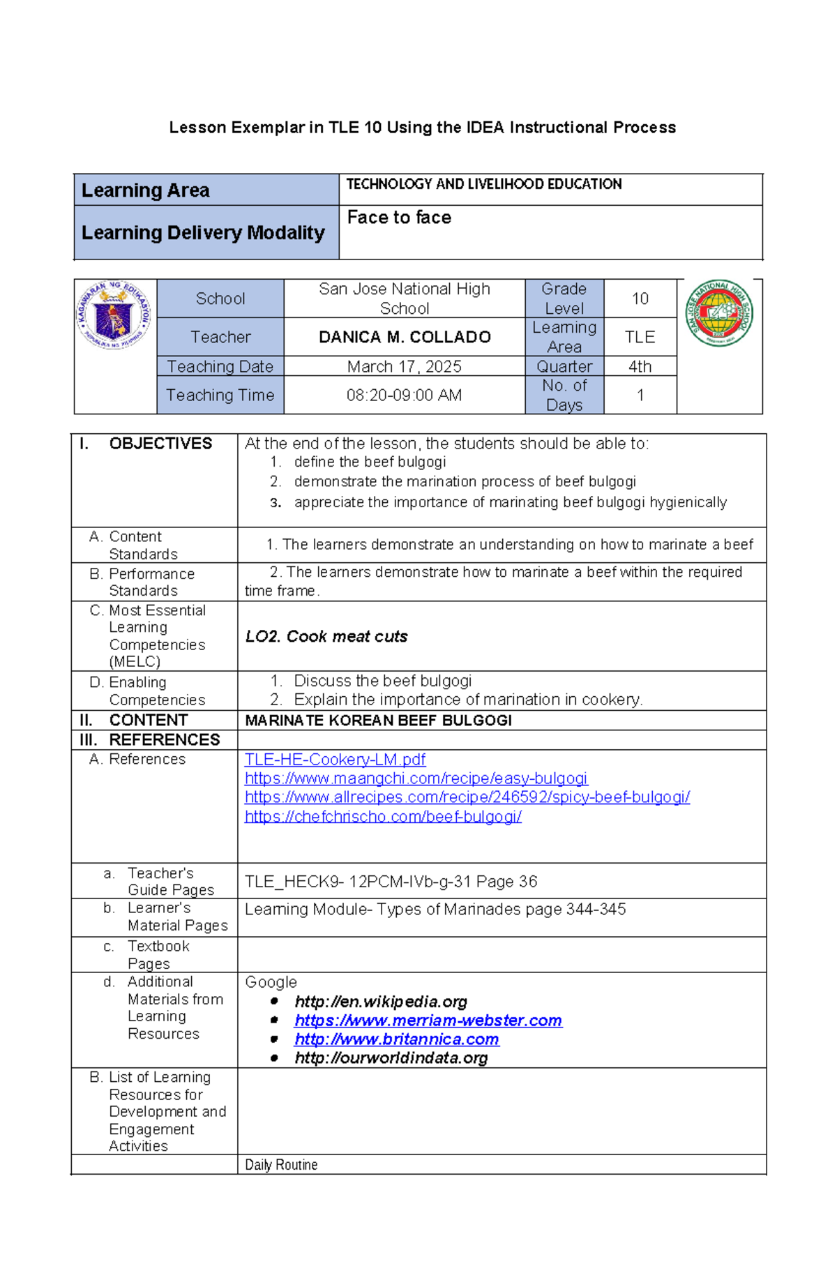 Lesson Exemplar in TLE 10: Marinating Beef Bulgogi Using IDEA Process - Studocu