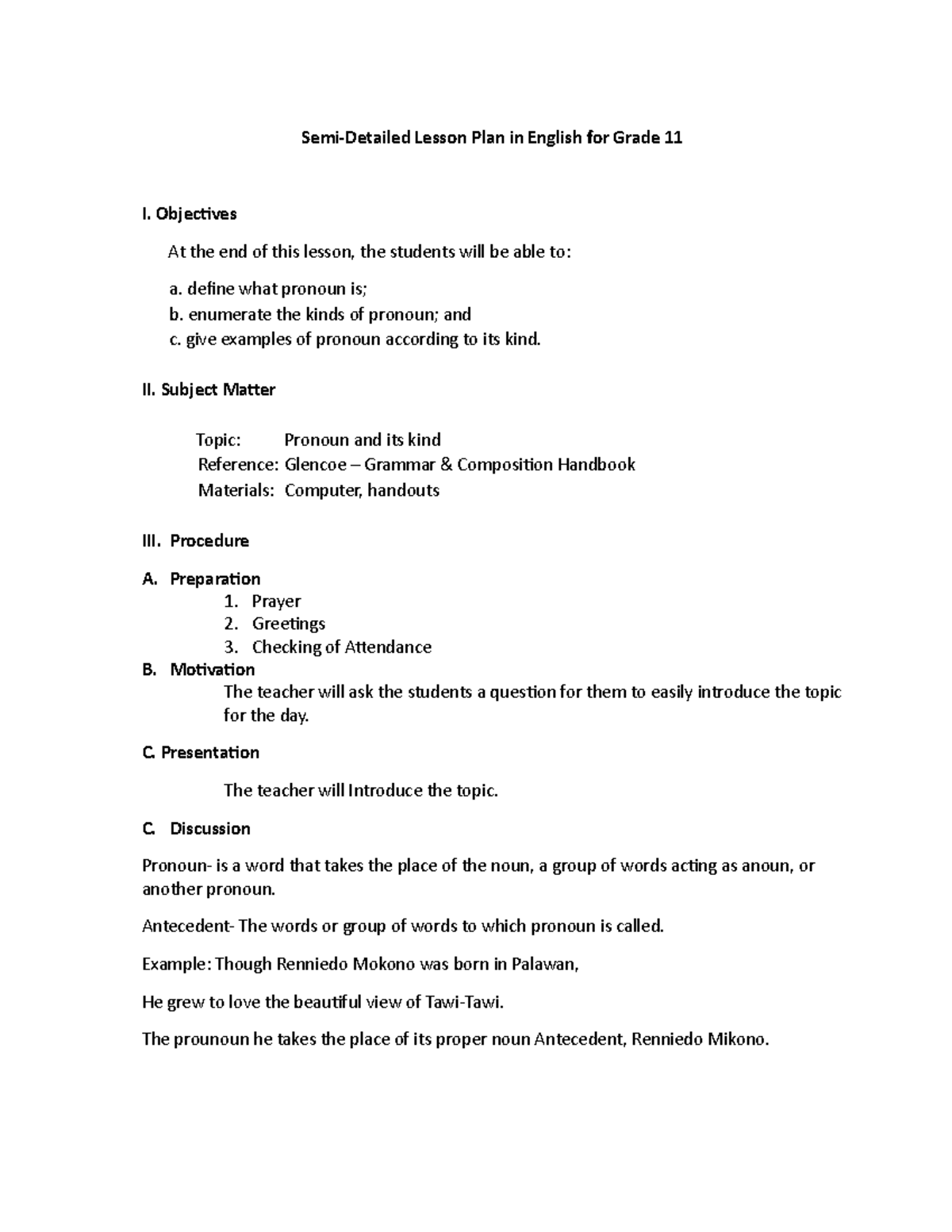 Semi-Detailed Lesson Plan on Pronouns and Their Types (ENG 11) - Studocu
