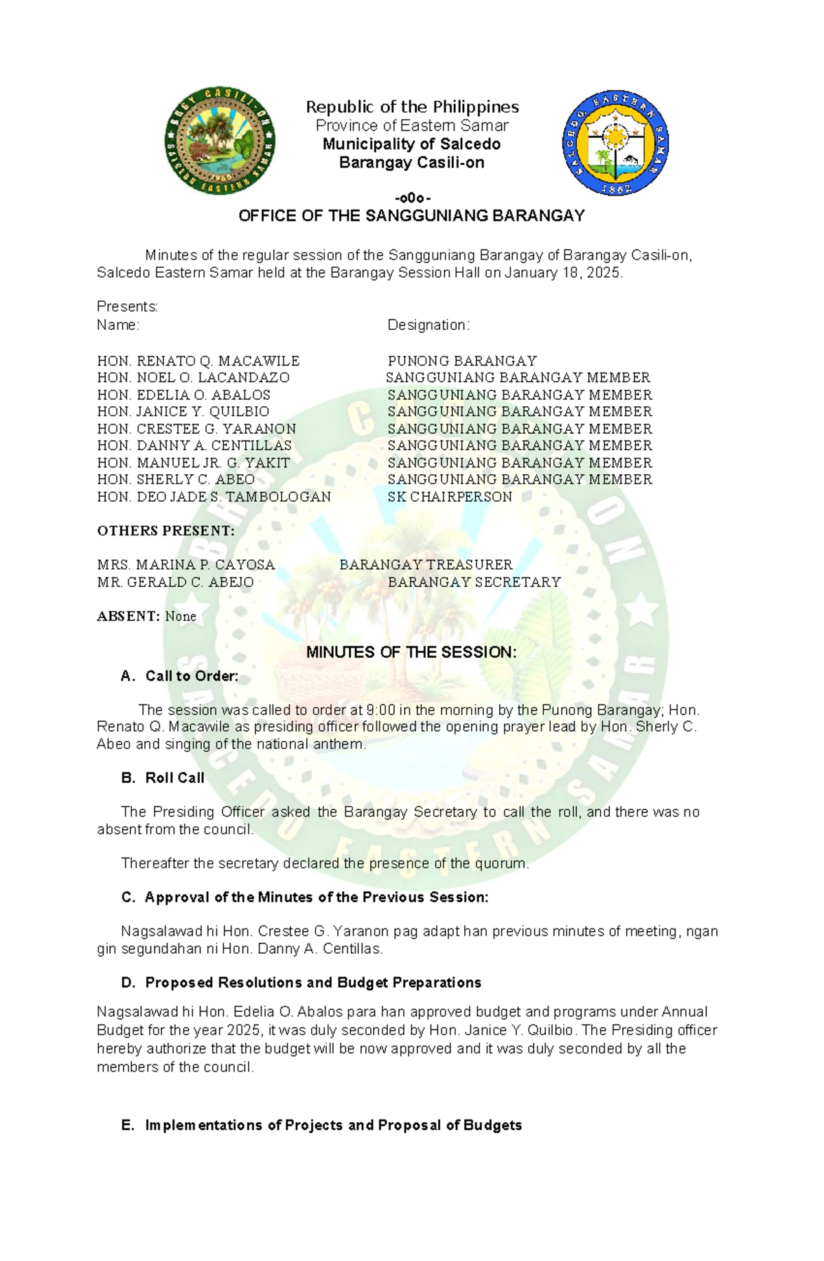 Minutes of Meeting - Sangguniang Barangay Session (Jan 18, 2025) - Studocu
