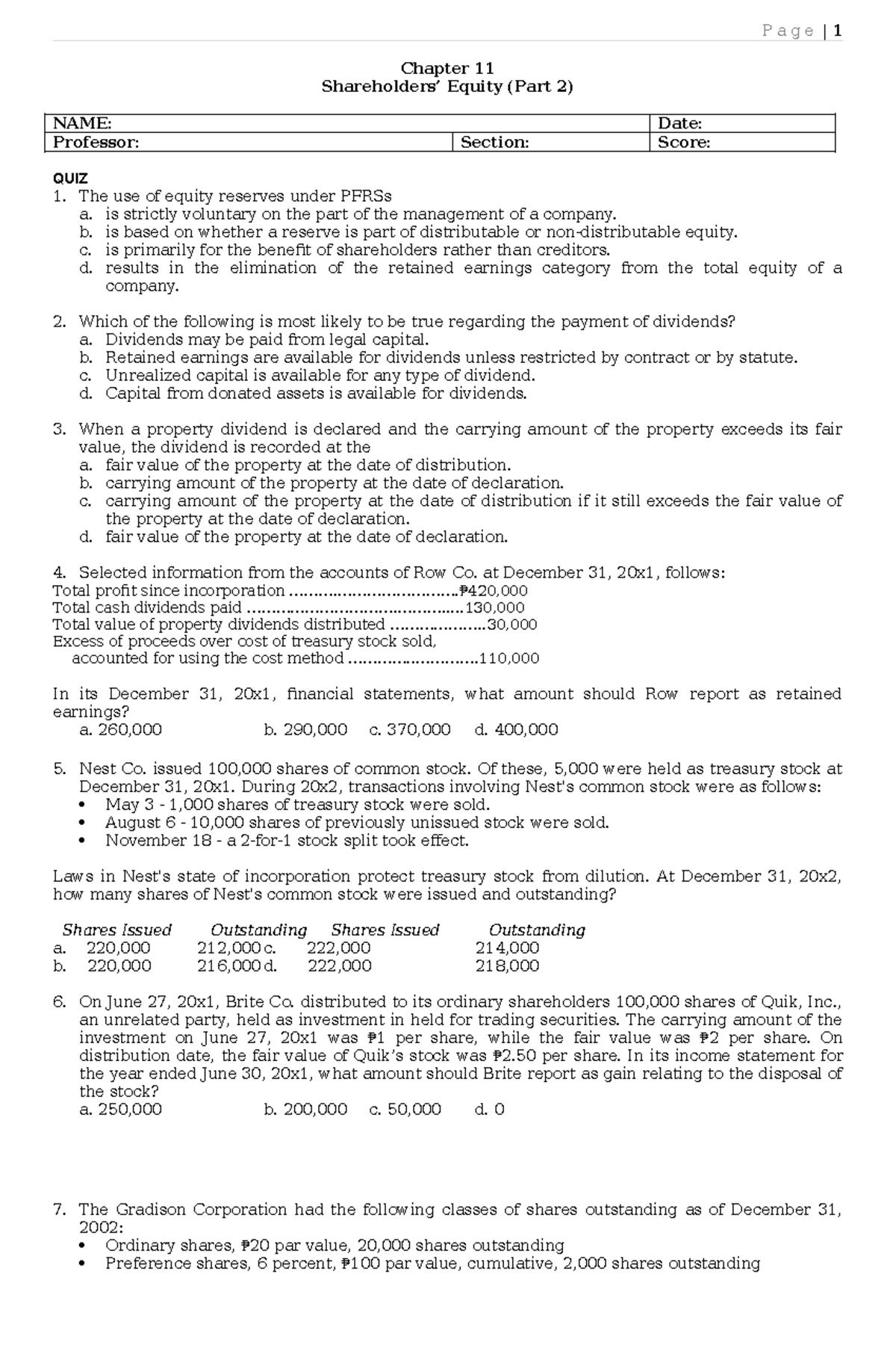 QUIZ 1: Chapter 11 Equity (Part 2) - 2021 - Studocu