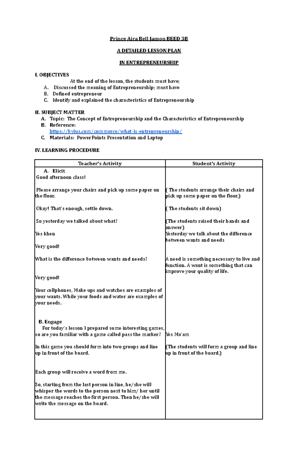 Detailed Lesson Plan in Entrepreneurship - BEED 3B - Studocu