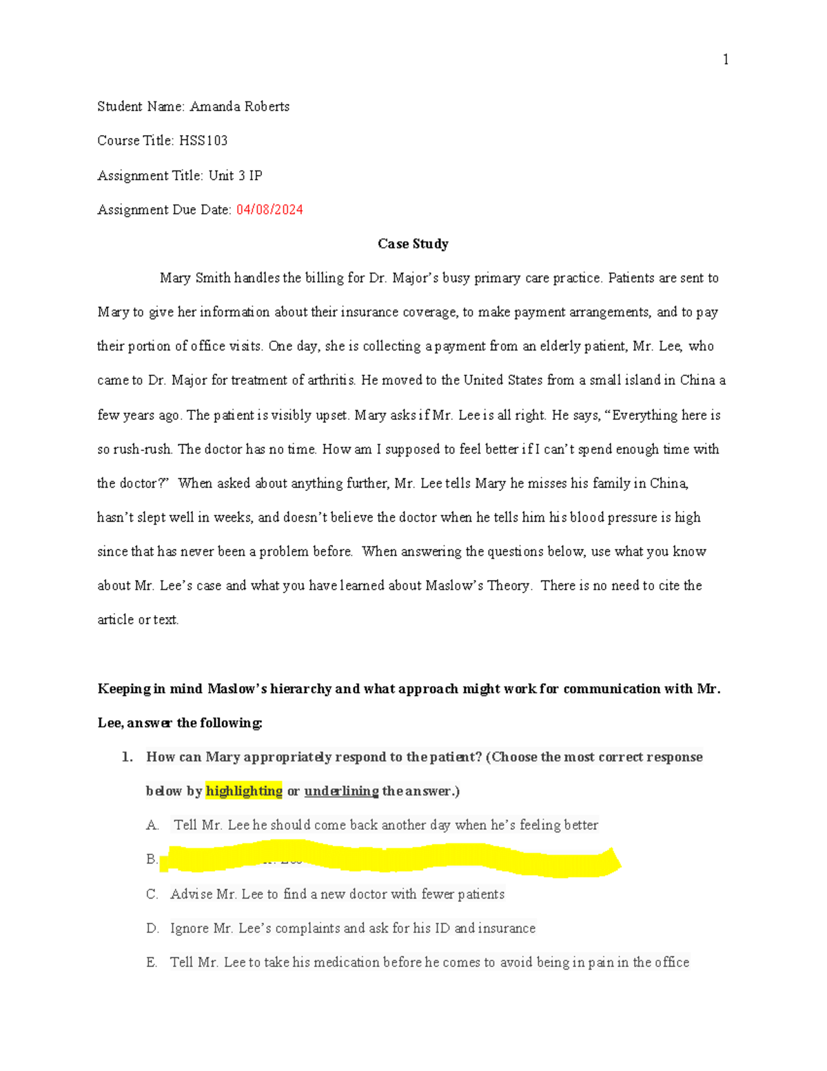 CTU HSS Unit 3 Case Study on Maslow’s Hierarchy for Mr. Lee - Studocu