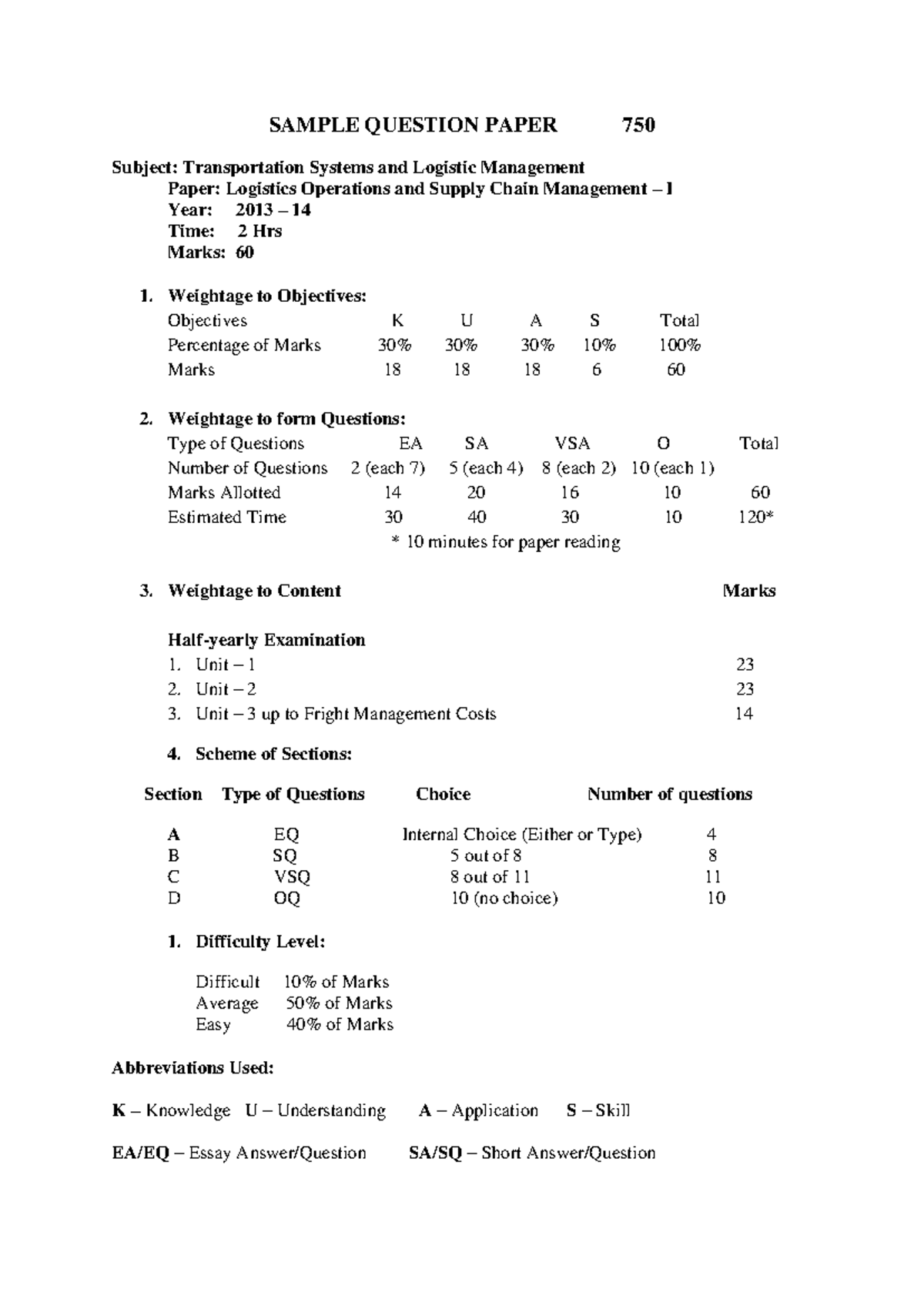 Half-Yearly Exam Paper for Transport Systems & Logistics Mgmt - Class ...