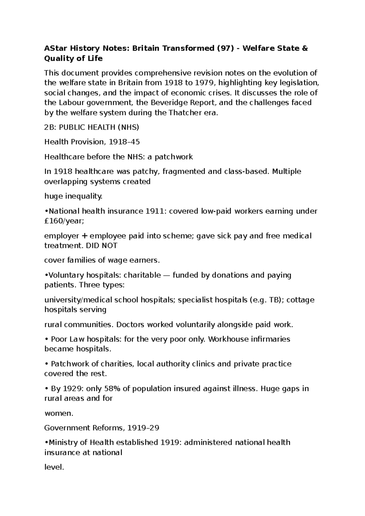 AStar History Notes: The Evolution of Britain's Welfare State (97 ...