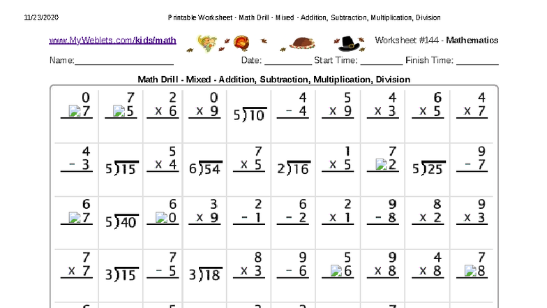 Printable Worksheet - Math Drill - Mixed - Addition, Subtraction ...