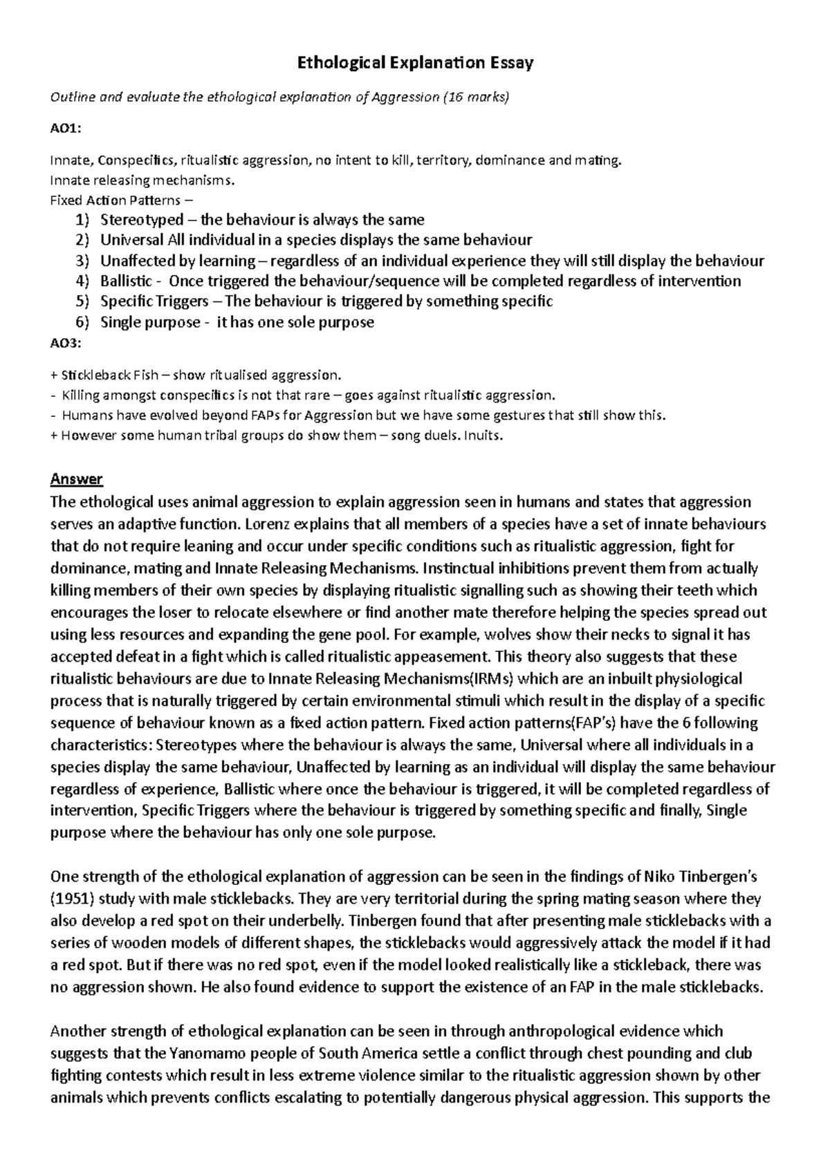 Ethological Explanation of Aggression: A Critical Essay Analysis - Studocu