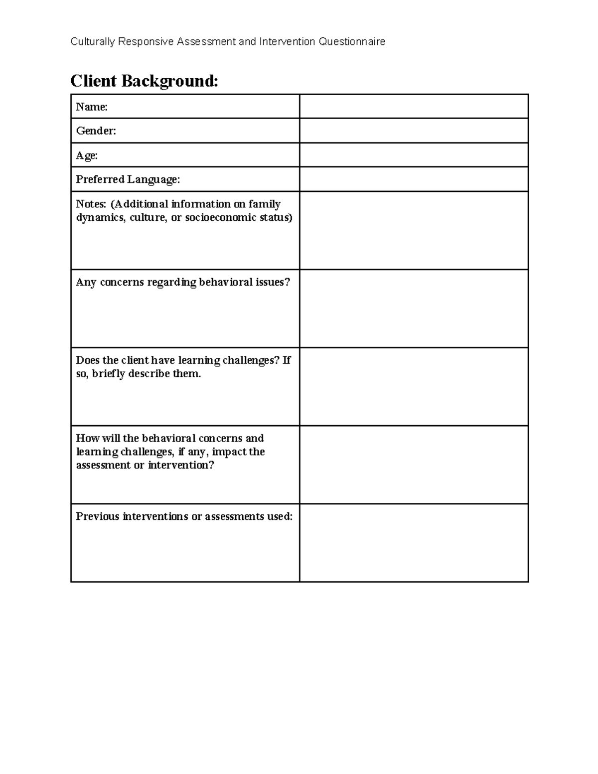Culturally Responsive Asessment and Intervention Questionnaire - Client ...