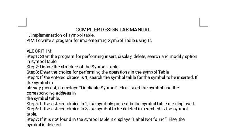 COMPILER DESIGN LAB MANUAL: Symbol Table Implementation - Studocu