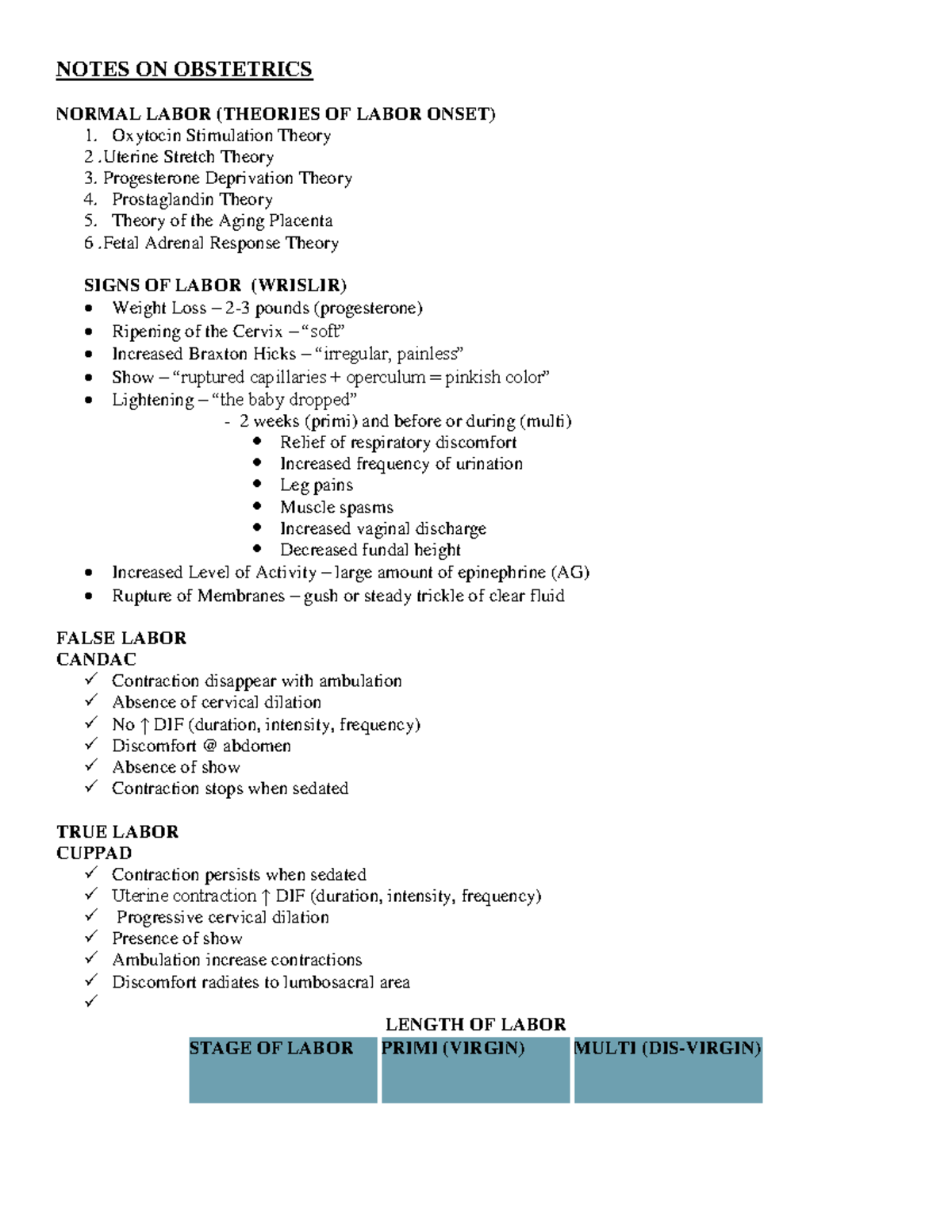 Obstetrics Lecture Notes: Understanding Labor Theories and Stages - Studocu