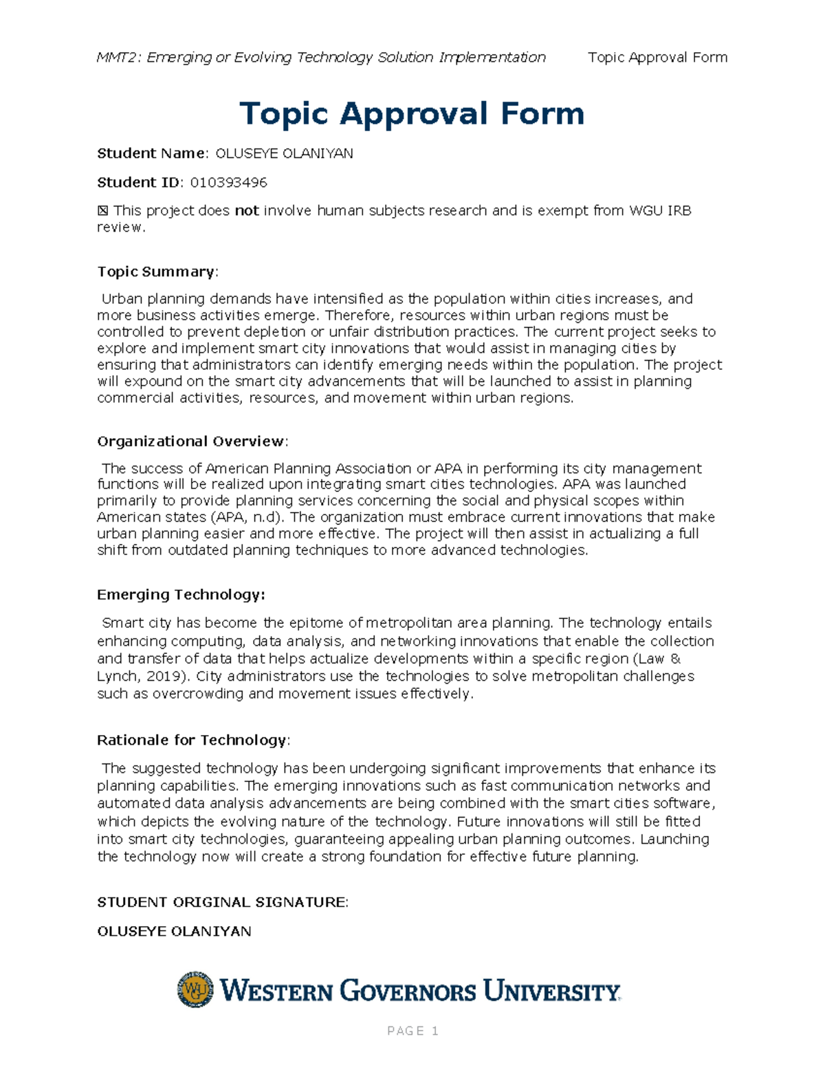 MMT2: Smart City Innovations in Urban Planning - Topic Approval Form - Studocu