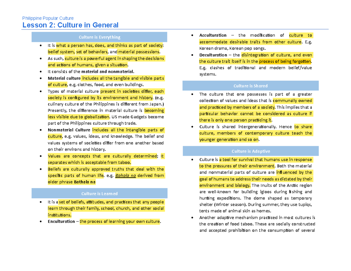 Lesson 2: Understanding Culture in Philippine Pop Culture - Studocu