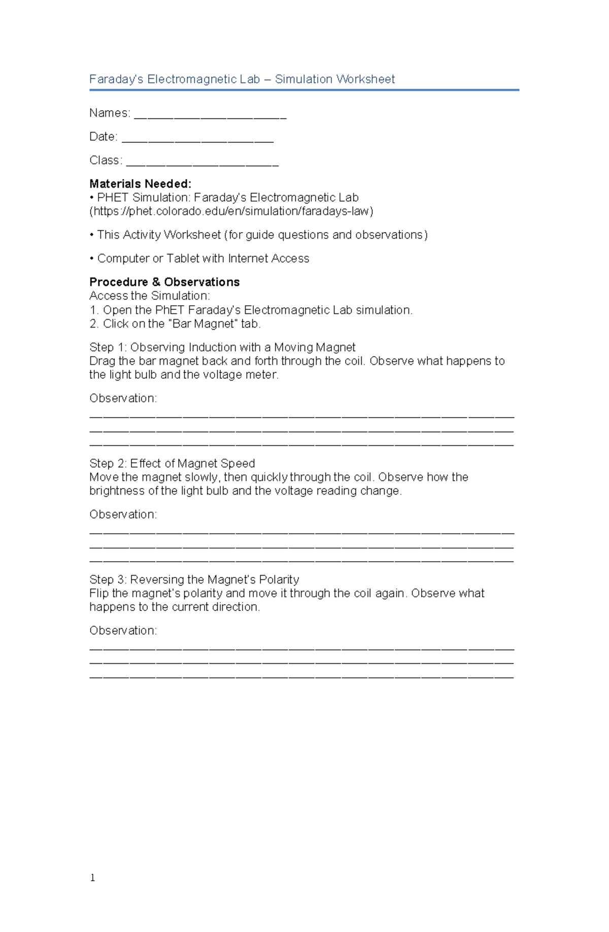 Faraday's Electromagnetic Lab Simulation Worksheet - Studocu