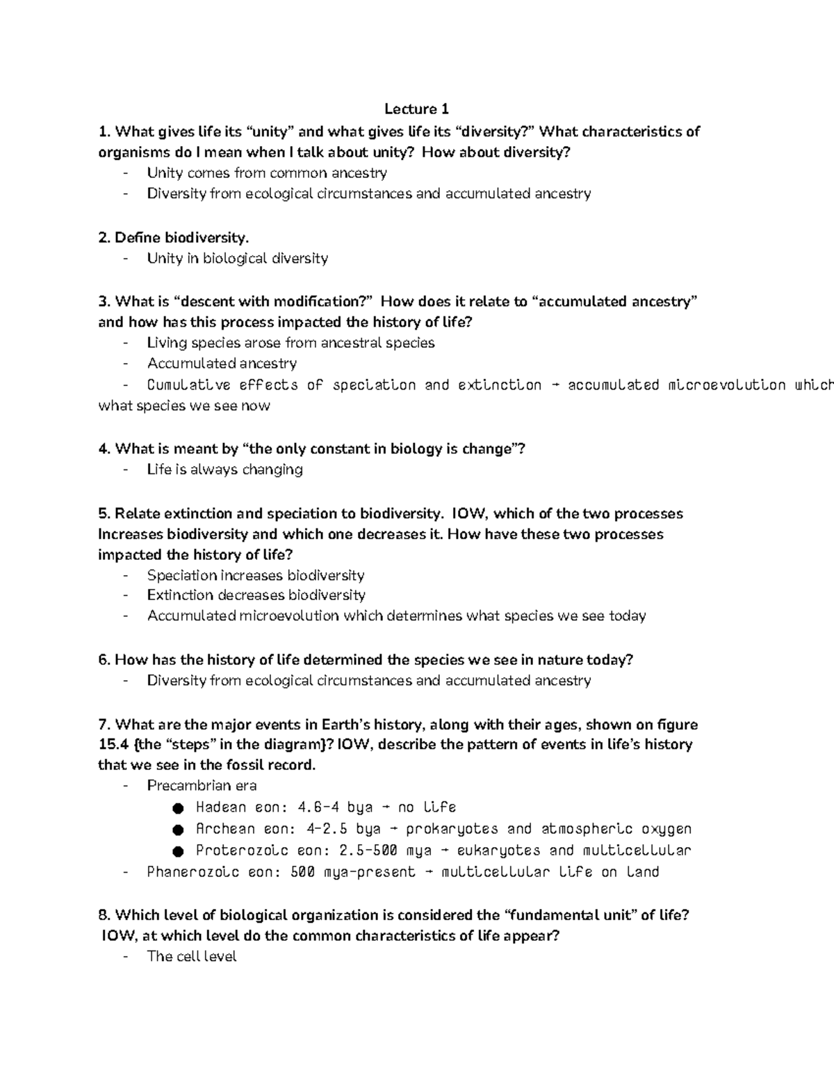 1040 SG - Unit 1 Study Guide: Unity and Diversity in Life - Studocu