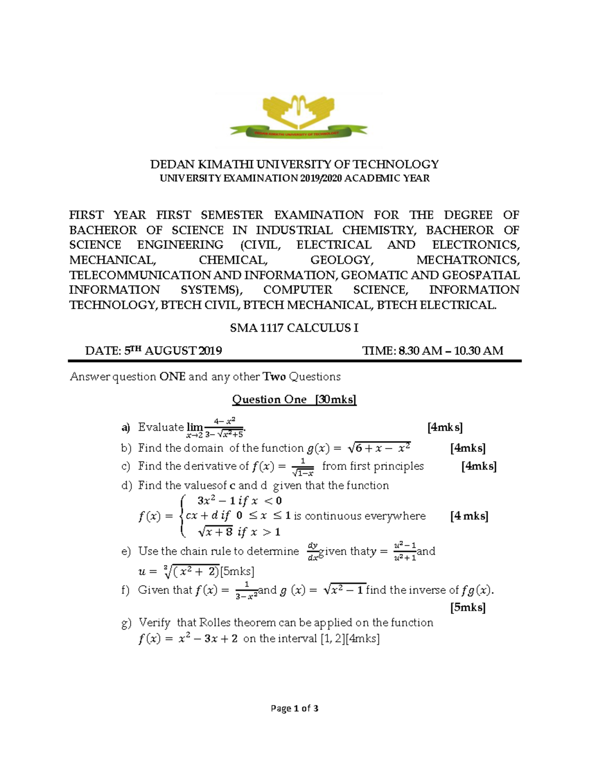 CL 3 - good - Page 1 of 3 DEDAN KIMATHI UNIVERSITY OF TECHNOLOGY UNIVERSITY EXAMINATION 2019/ ...