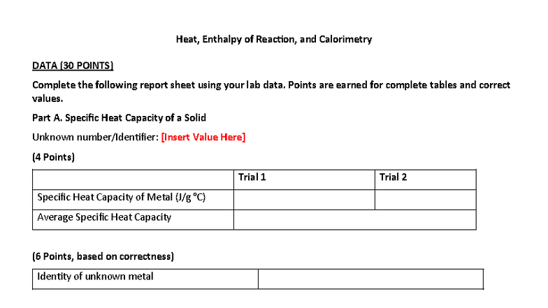 Calorimetry Lab Report: Heat & Enthalpy of Reaction (30 PTS) - Studocu