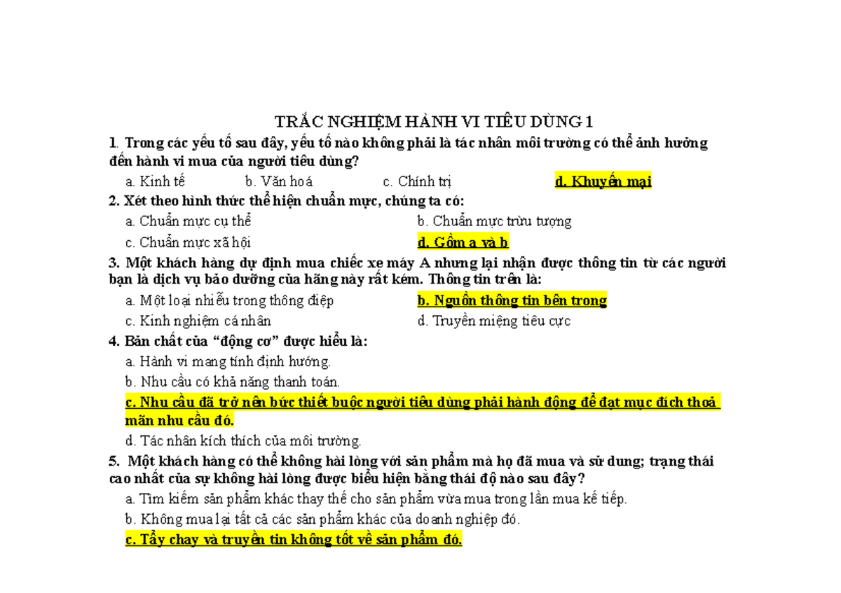 Câu hỏi ôn tập Hành vi tiêu dùng HVKH 1 & 2 - Studocu