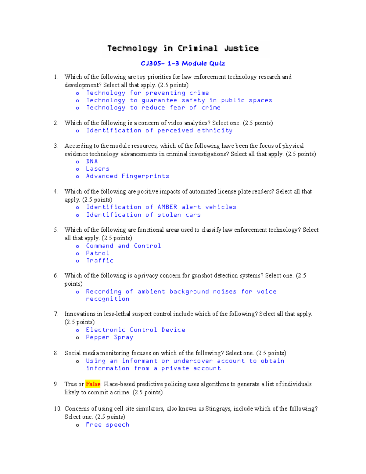 CJ 305 Module 1-3 Quiz: Tech in Criminal Justice Insights - Studocu