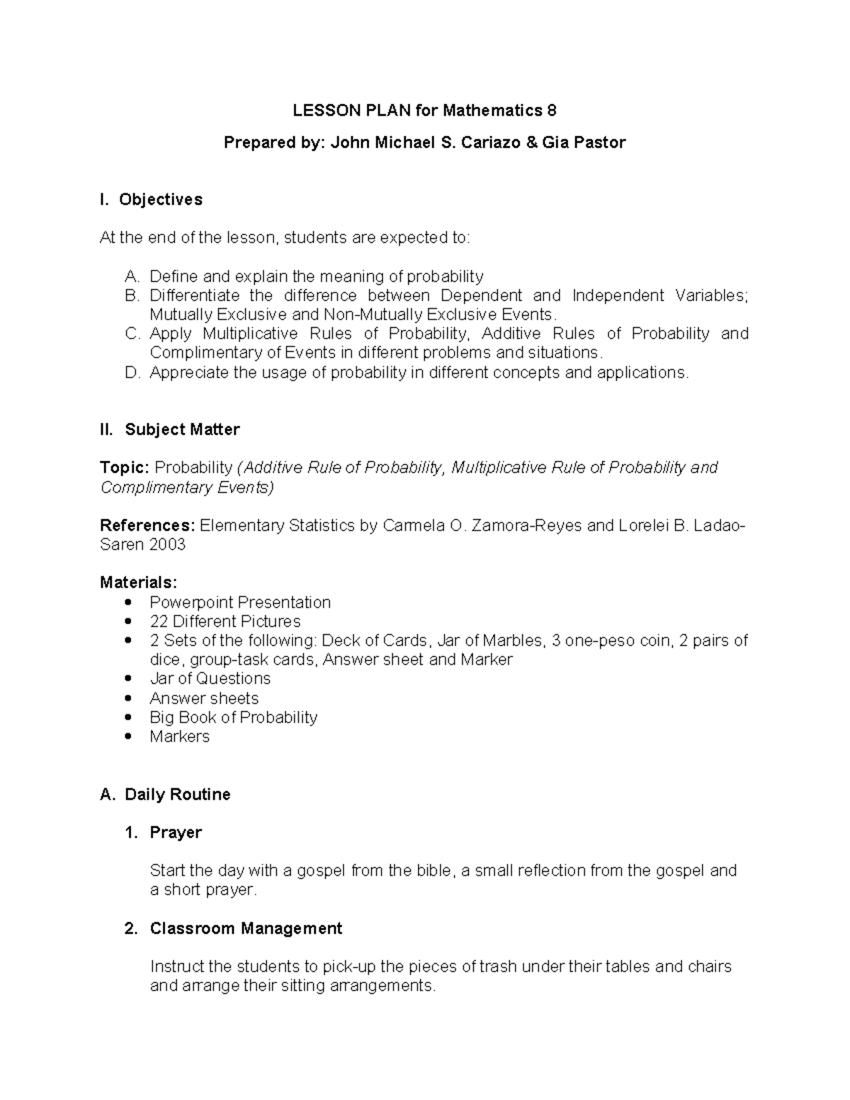 Mathematics 8: Semi-Detailed Lesson Plan on Probability - Studocu