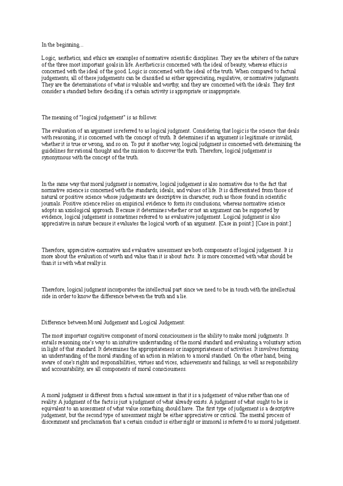 Lesson 1 Logical Judgement - In the beginning... Logic, aesthetics, and ...