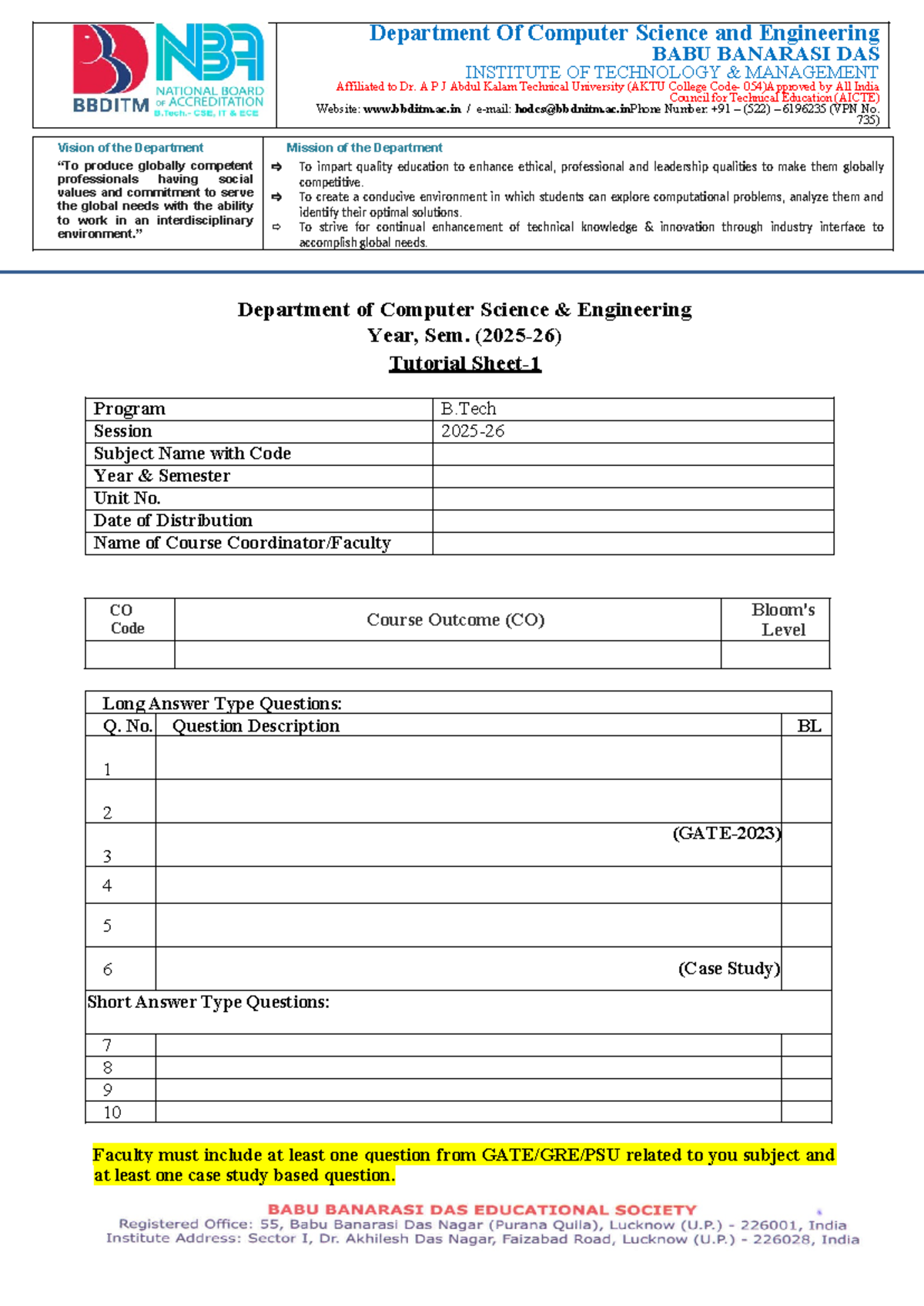 CSE 054 Tutorial Sheet Sample: Long & Short Answer Questions - Studocu