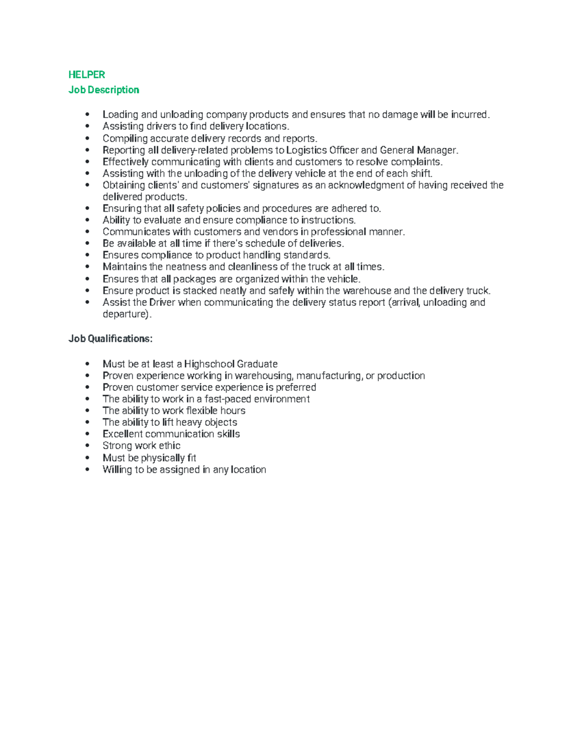 Helper Job Description: Responsibilities & Qualifications Overview ...
