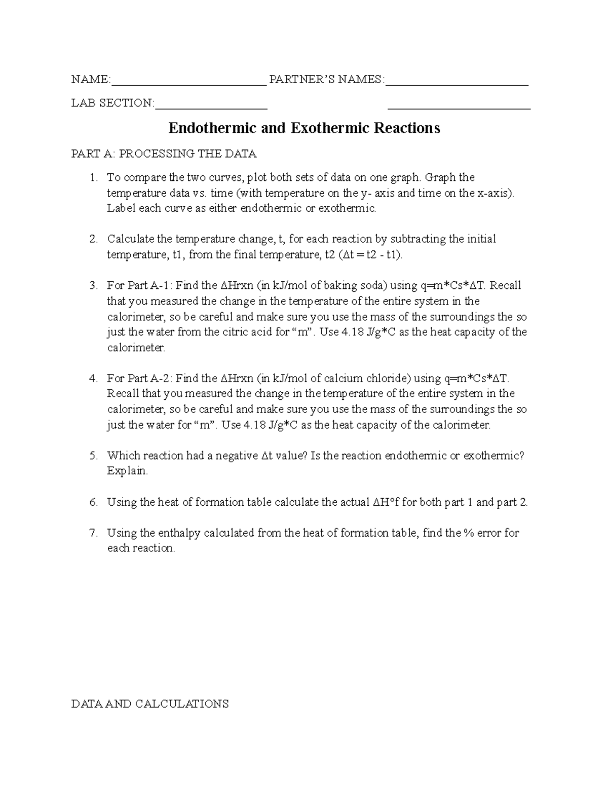 Lab 8: Post Lab Qs on Endothermic & Exothermic Reactions - Studocu