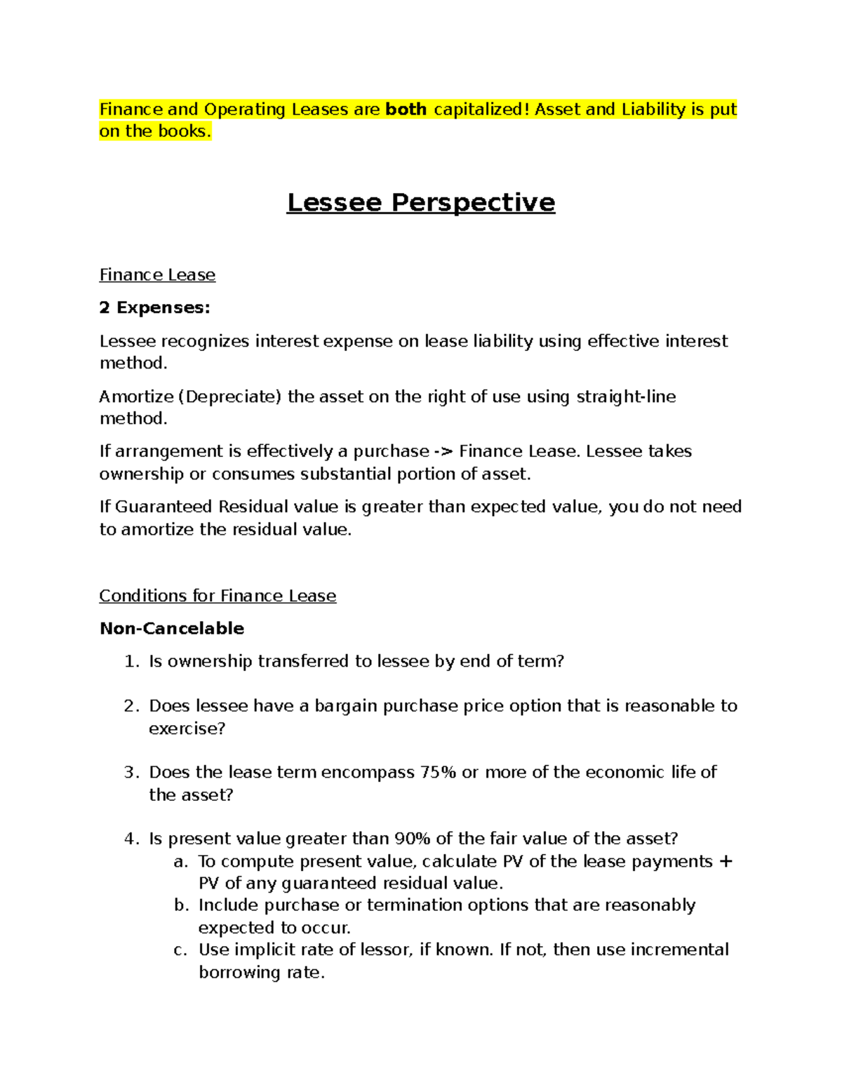 D105 Finance Lease Notes: Lessee Perspective & Conditions - Studocu