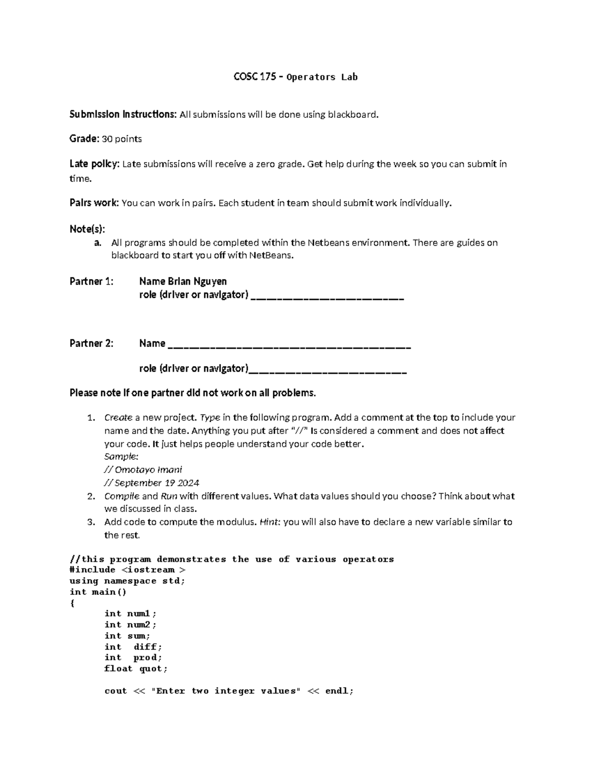 COSC 175 Operators Lab Submission Guidelines and Instructions - Studocu
