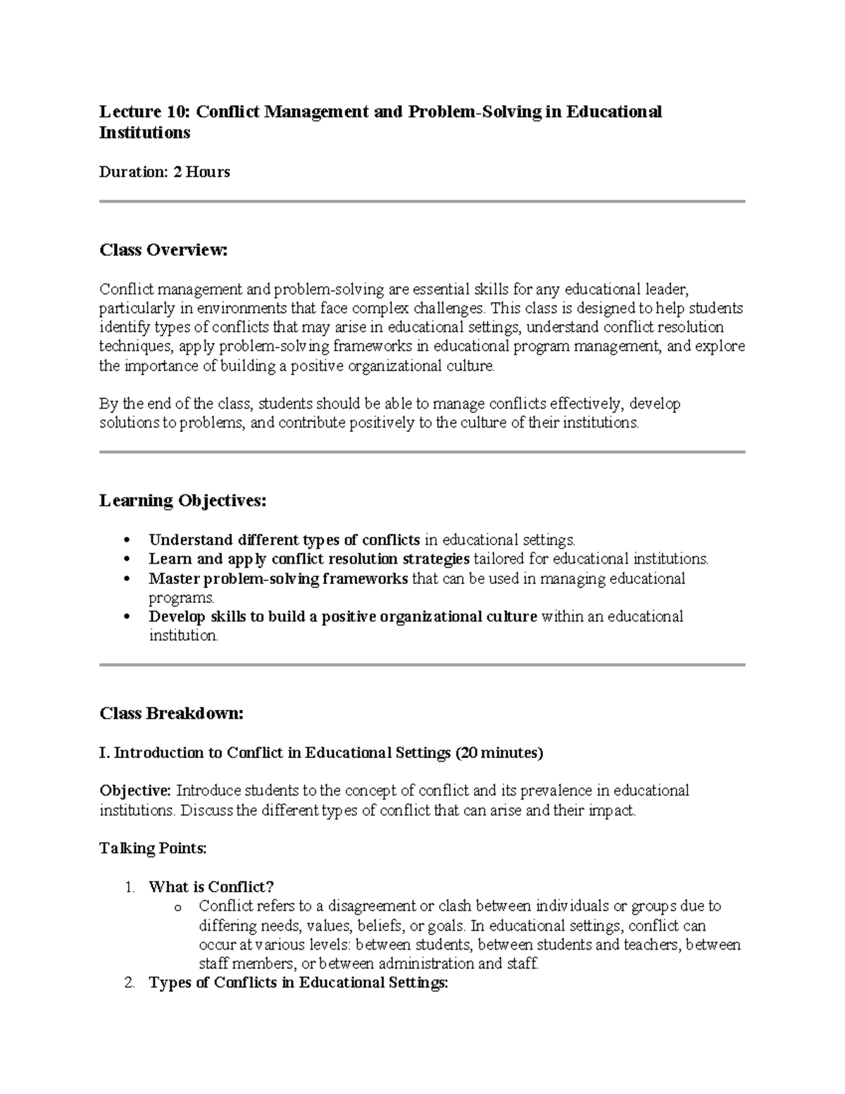 Lecture 10: Conflict Management & Problem-Solving in Ed. Institutions - Studocu