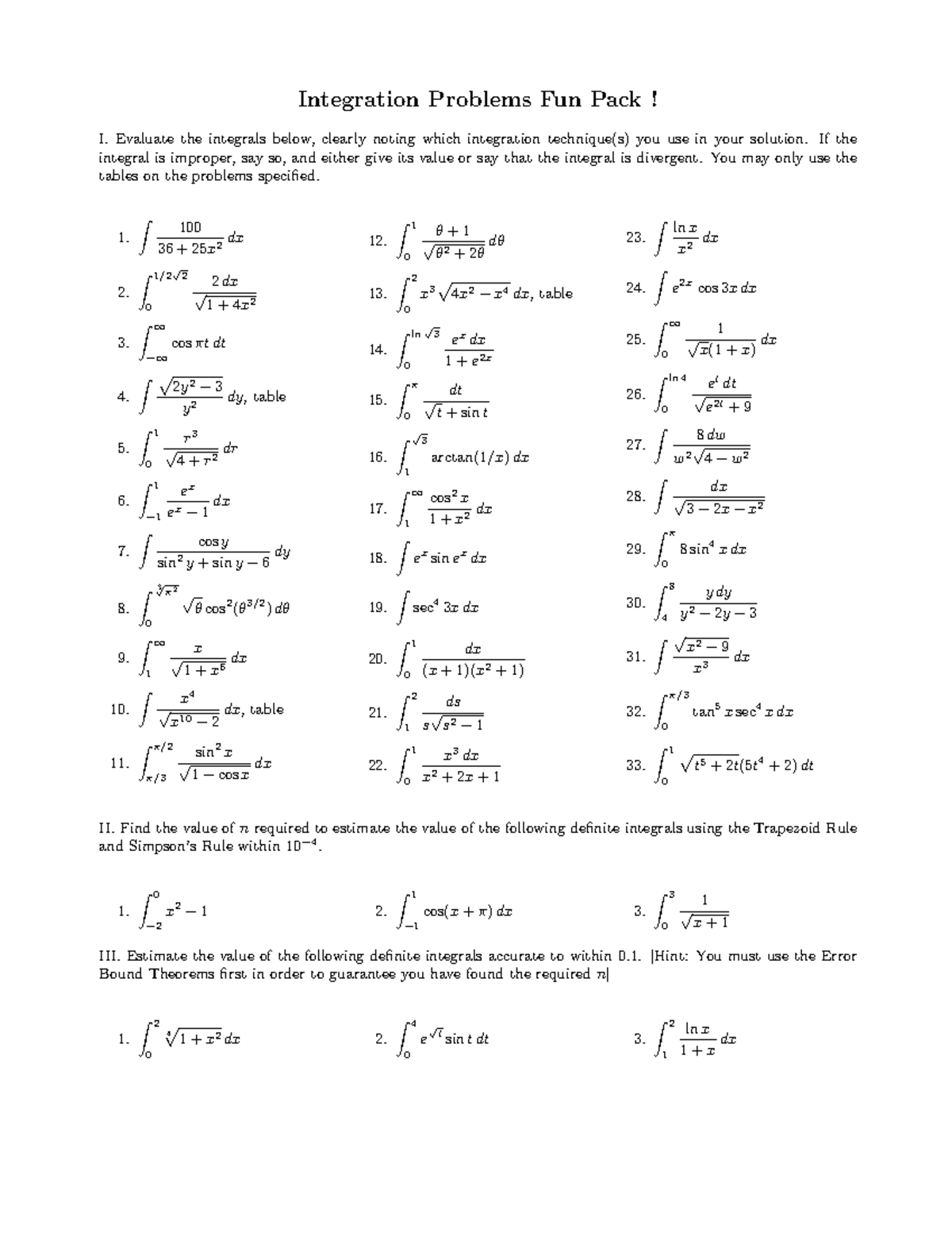 Integration Techniques Practice Pack: Evaluating Definite Integrals - Studocu