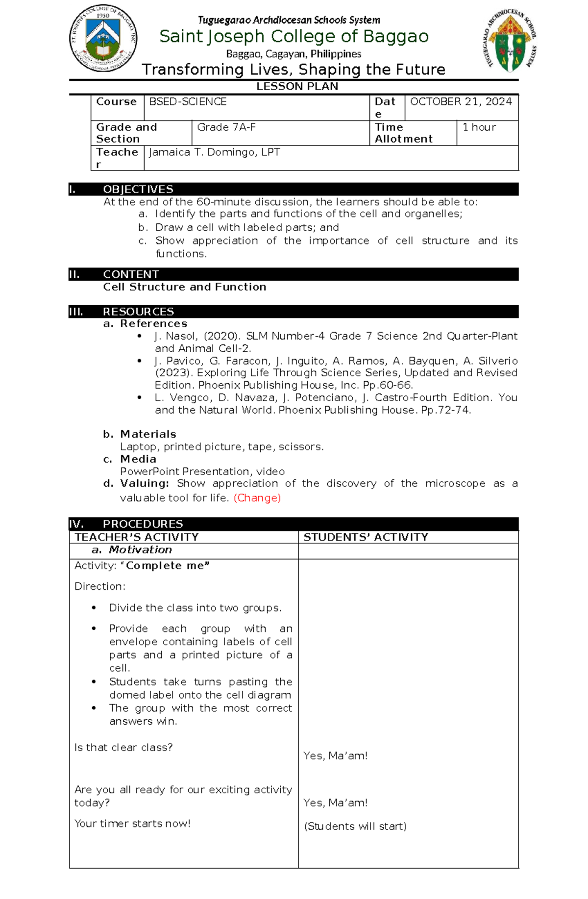 Lesson PLAN Cell structure and function - Saint Joseph College of ...