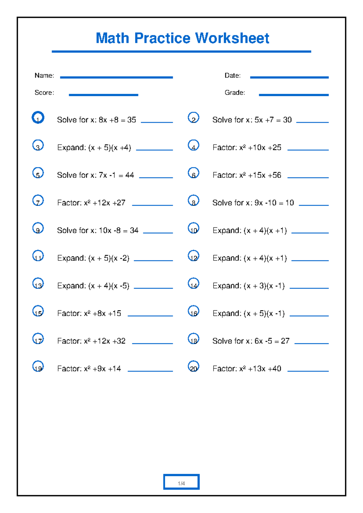 Math Practice Worksheet 5: Solving Equations & Factoring - Studocu
