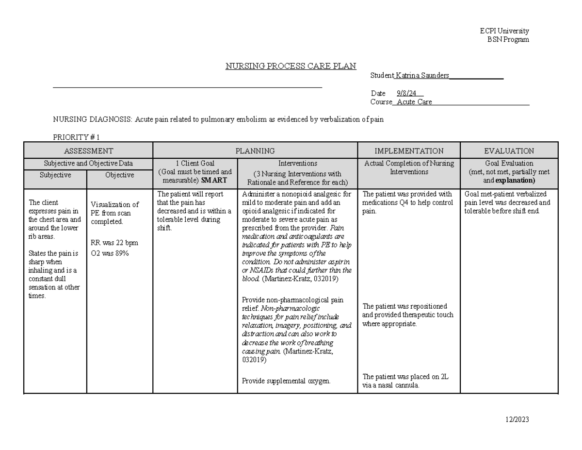 NURS 310 Care Plan: Managing Pulmonary Embolism & Infections - Studocu