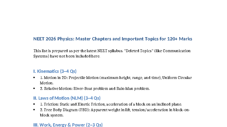 NEET 2026 Physics: Key Chapters & Topics for Exam Success - Studocu