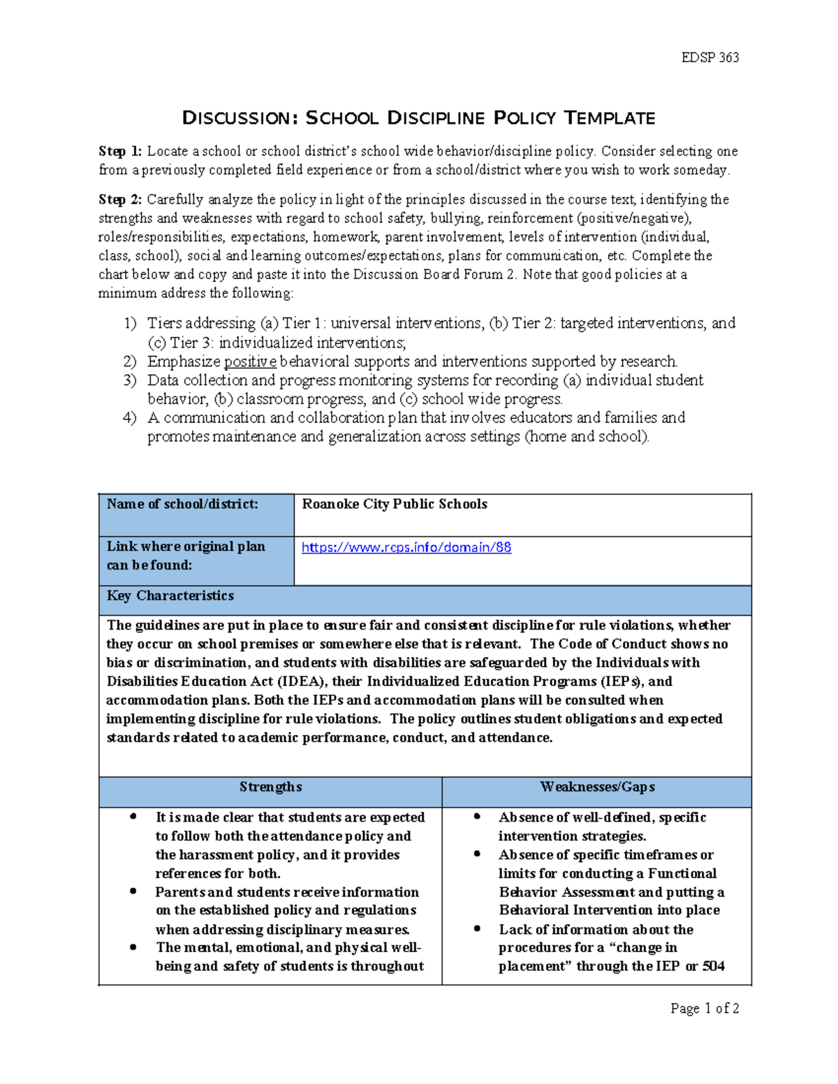 EDSP 363 Discussion: Analyzing School Discipline Policy Template - Studocu
