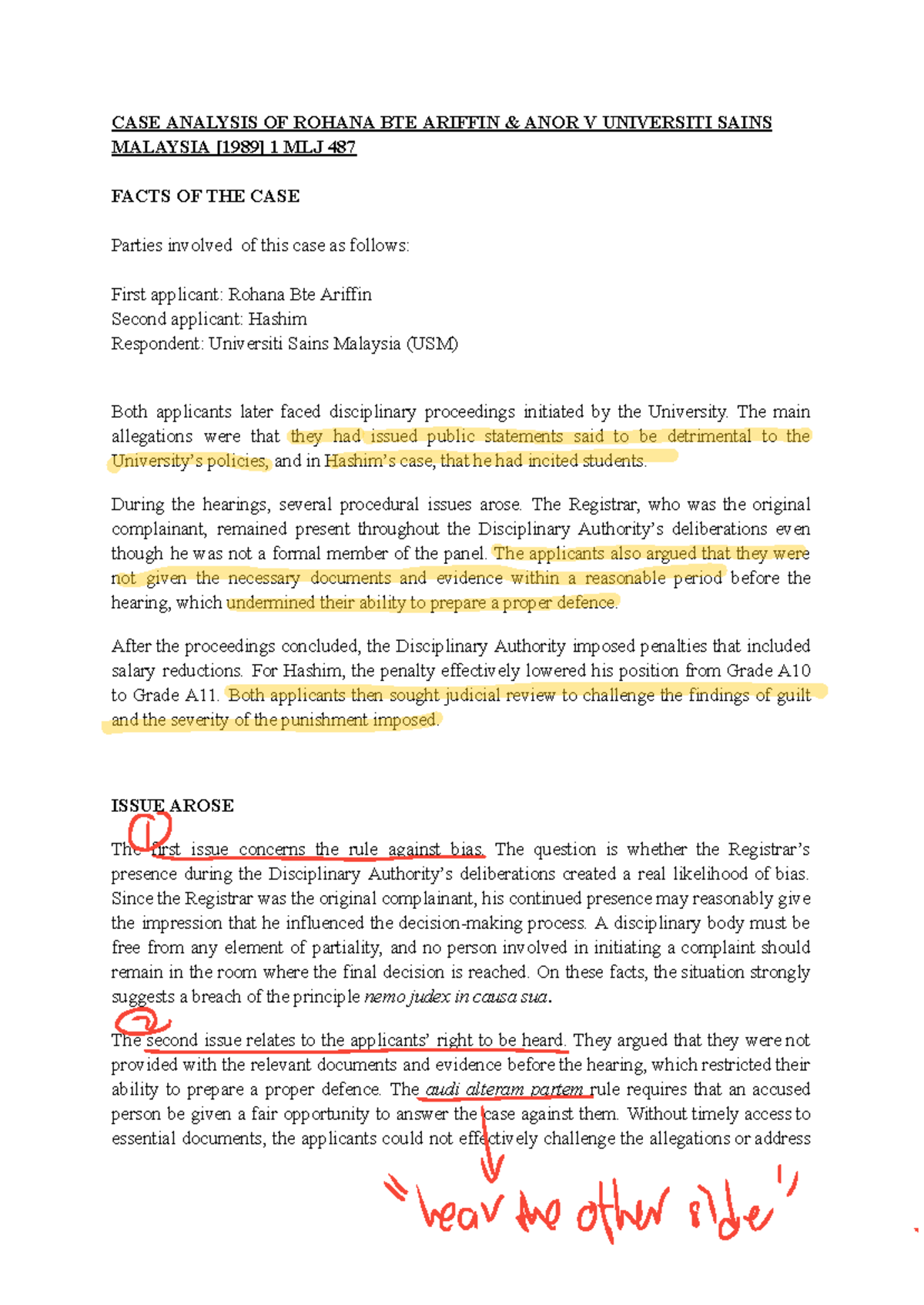 CASE STUDY: ROHANA BTE ARIFFIN V USM - ANALYSIS OF DISCIPLINARY ...