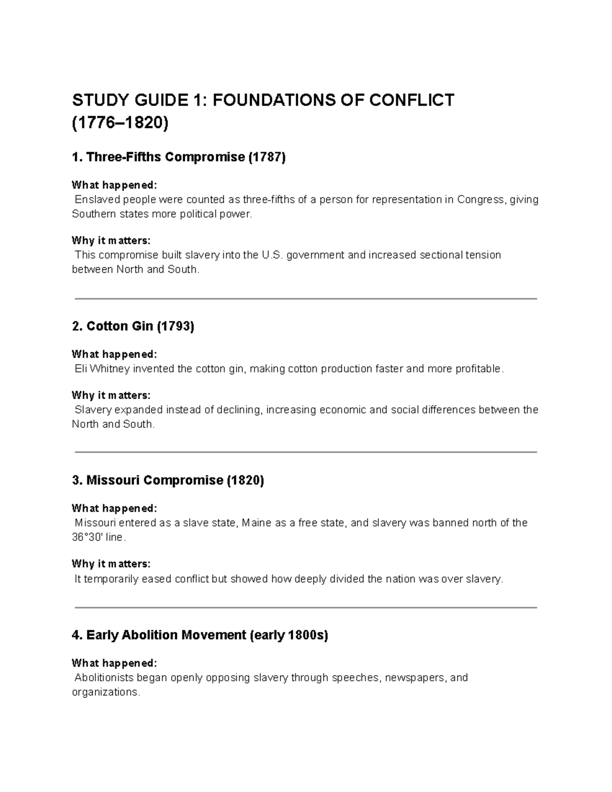STUDY GUIDE 1: FOUNDATIONS OF CONFLICT - ROAD TO CIVIL WAR - Studocu