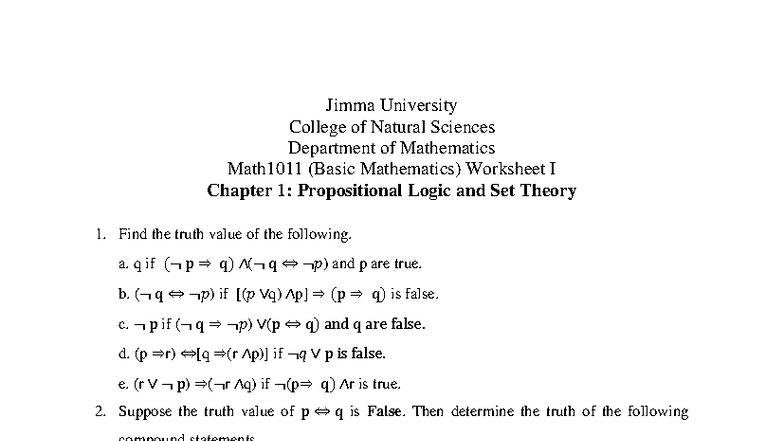 Math1011 Worksheet I: Propositional Logic & Set Theory Concepts - Studocu