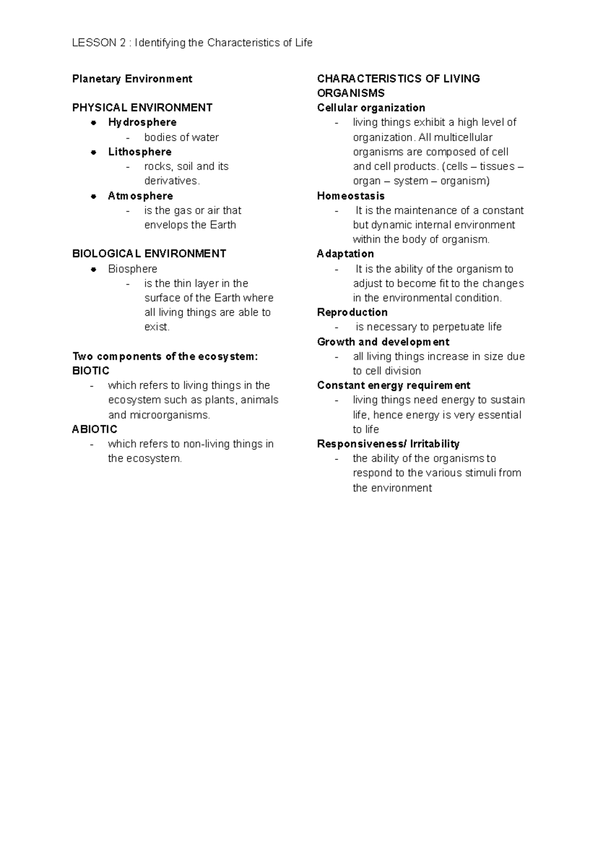 Lesson 2: Identifying Characteristics of Life - Class Notes - Studocu