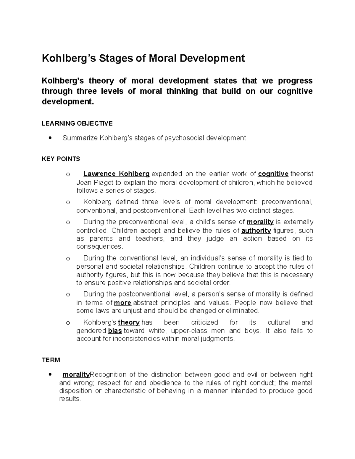 Handout 6 - Moral Development - Kohlberg’s Stages of Moral Development ...