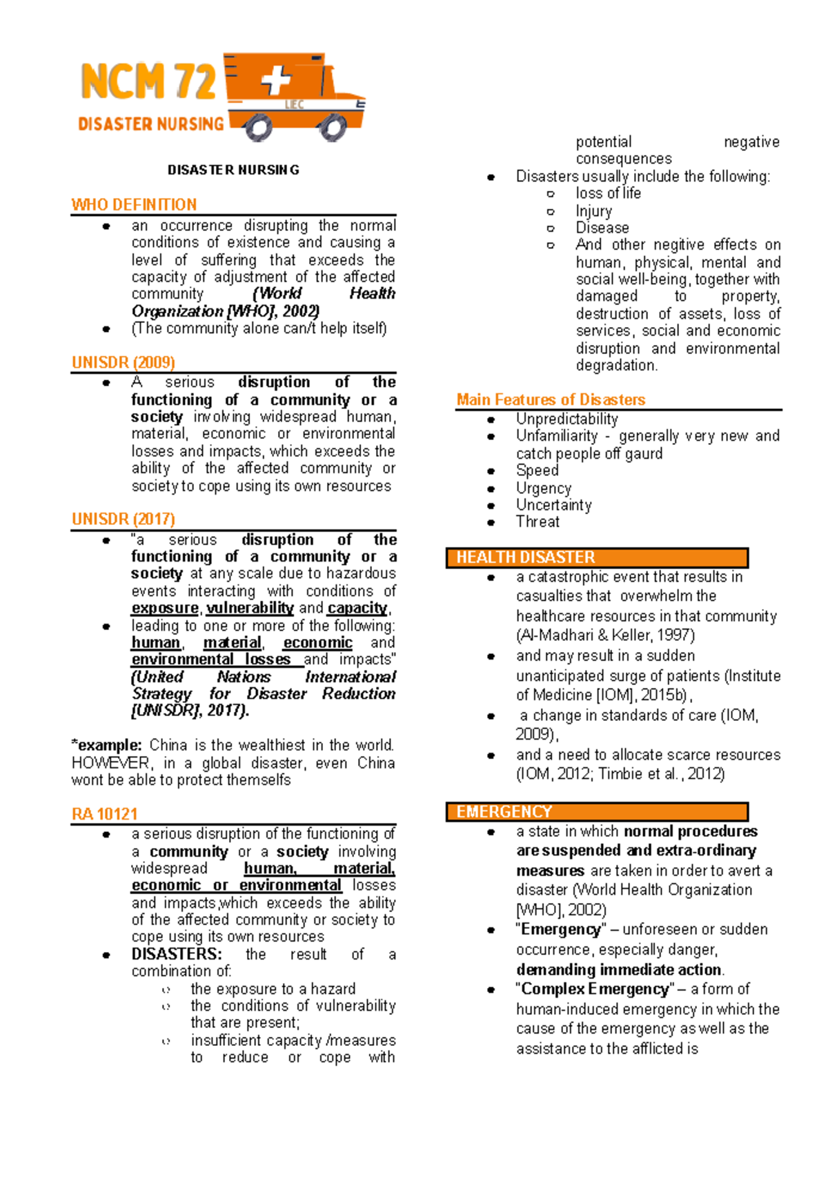 NCM72-LEC- Disaster- Nursing - DISASTER NURSING WHO DEFINITION an ...