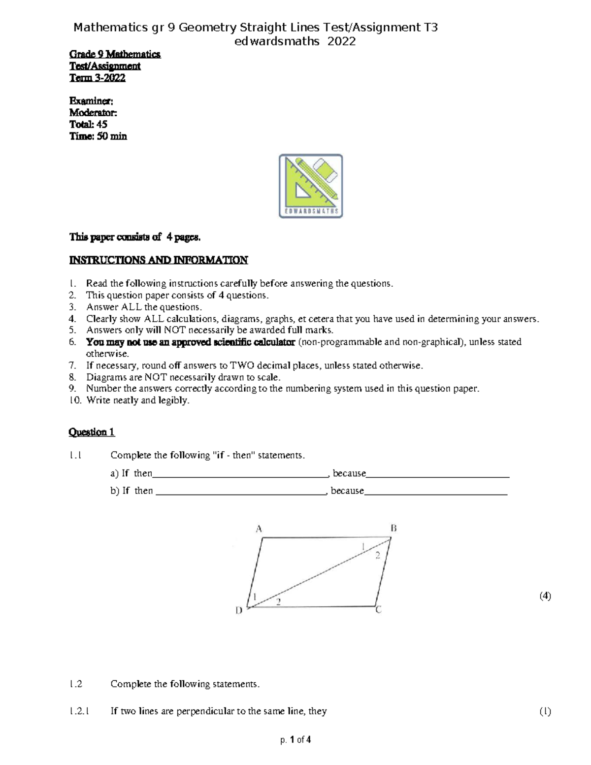 Gr 9 Geometry Straight Lines T3 Exam Paper - Edwardsmaths 2022 - Studocu