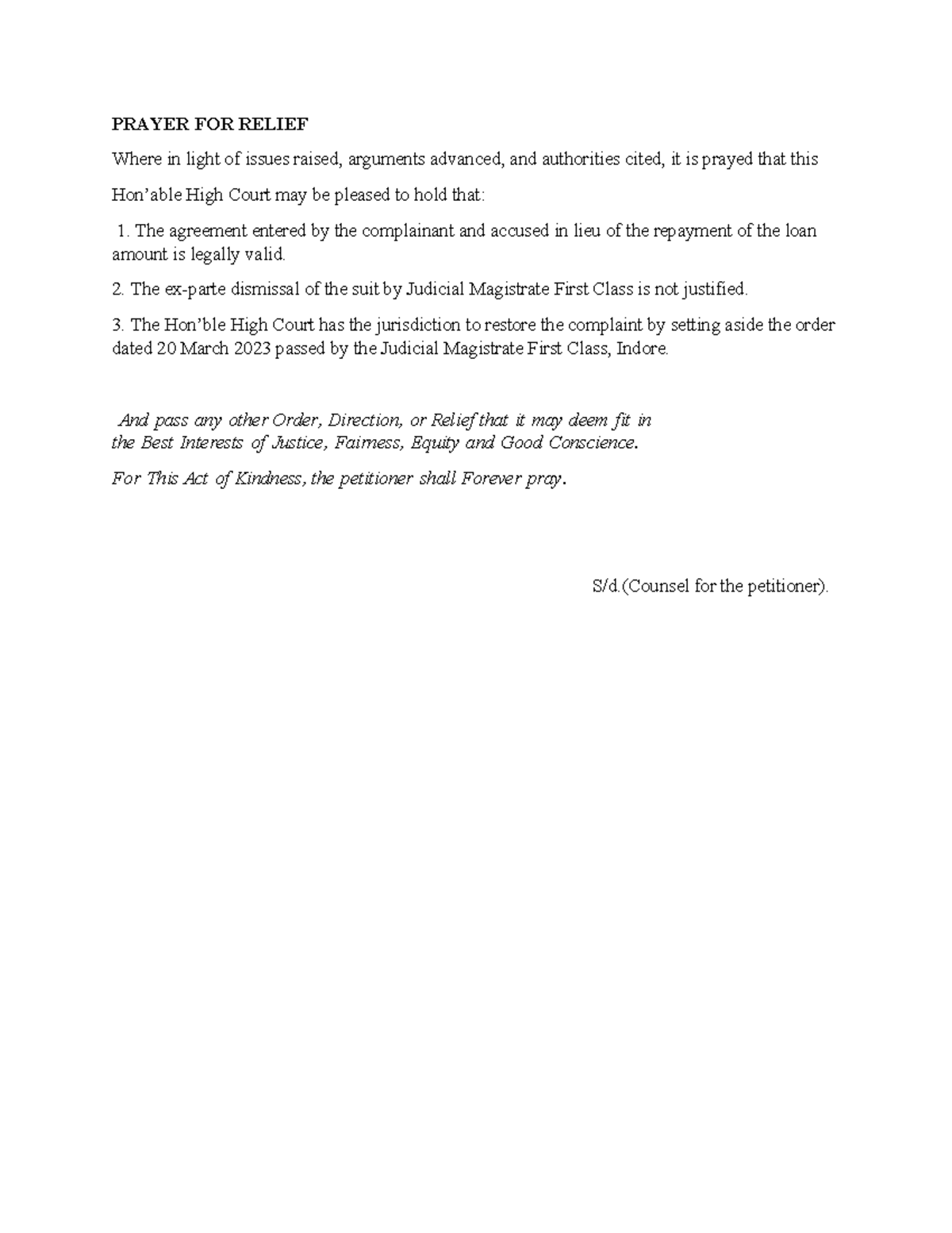 Prayer FOR Relief - PRAYER FOR RELIEF Where in light of issues raised ...