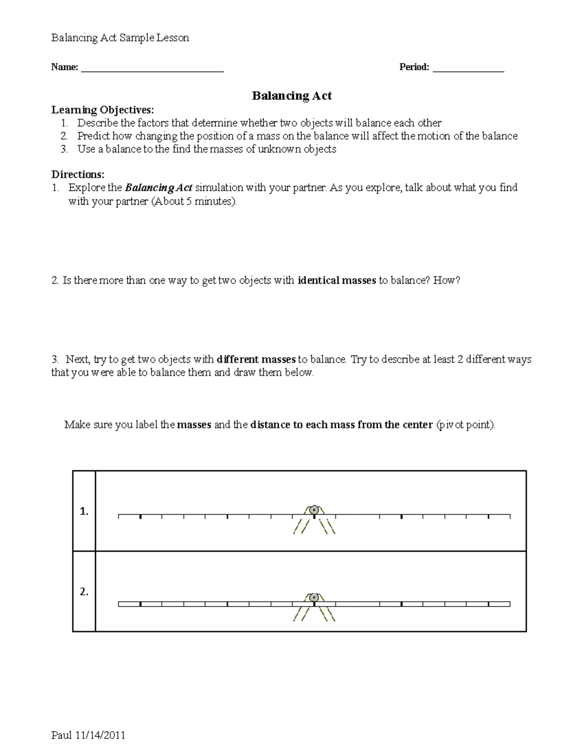 Balancing Act Sample Lesson - Balancing Act Sample Lesson Name