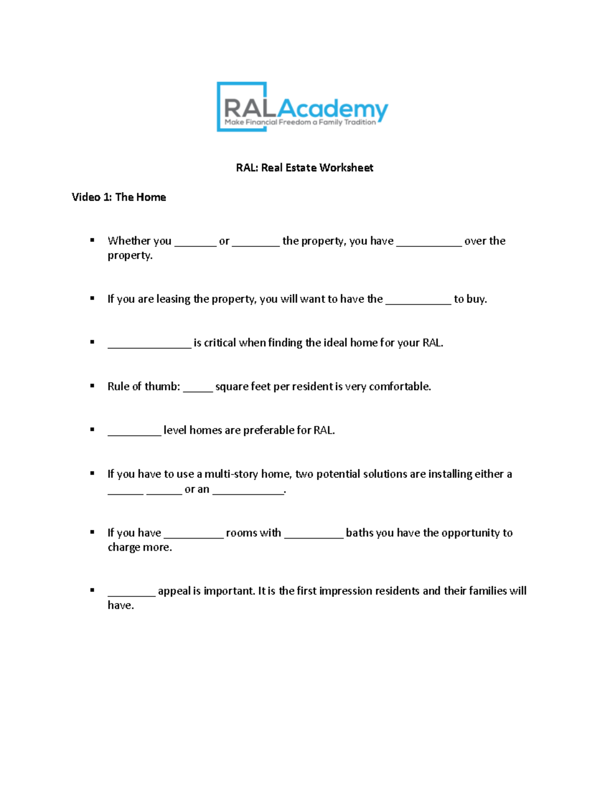 RAL: Real Estate Worksheet Overview & Key Considerations - Studocu