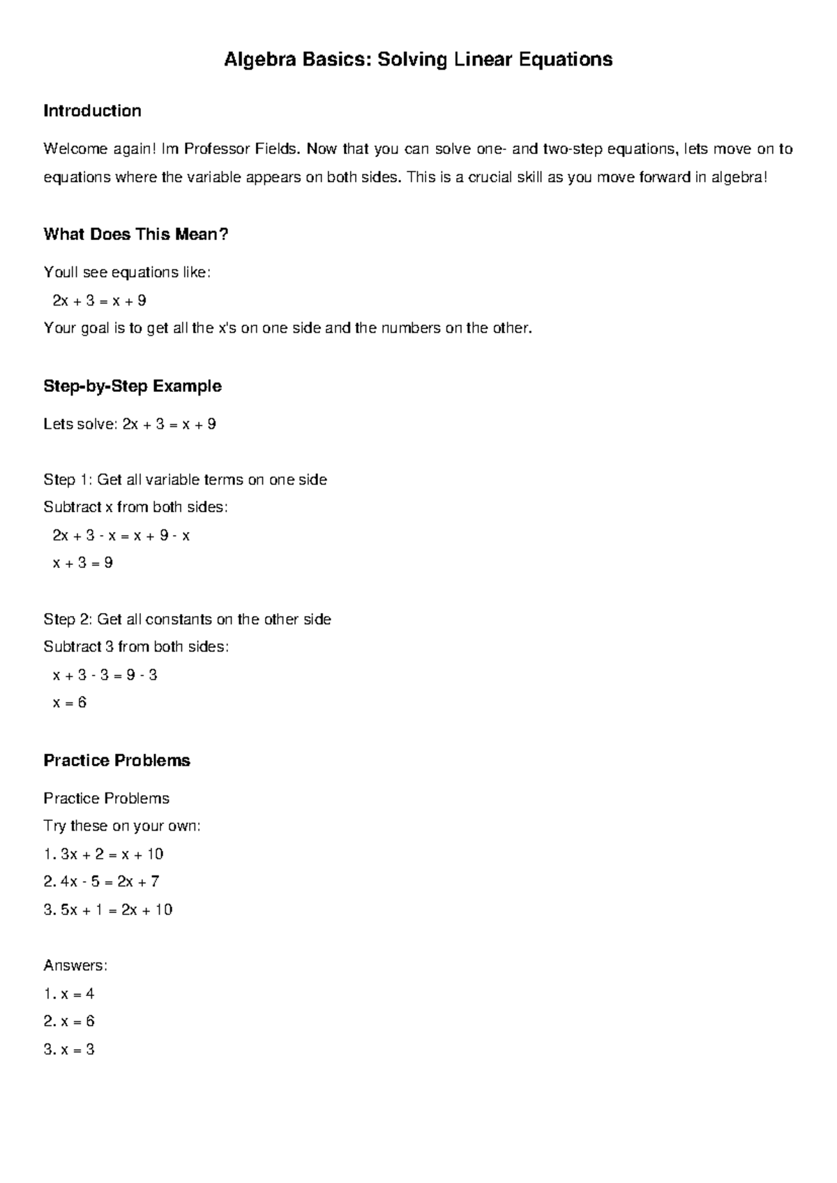 Algebra Basics: Solving Linear Equations with Variables on Both Sides ...