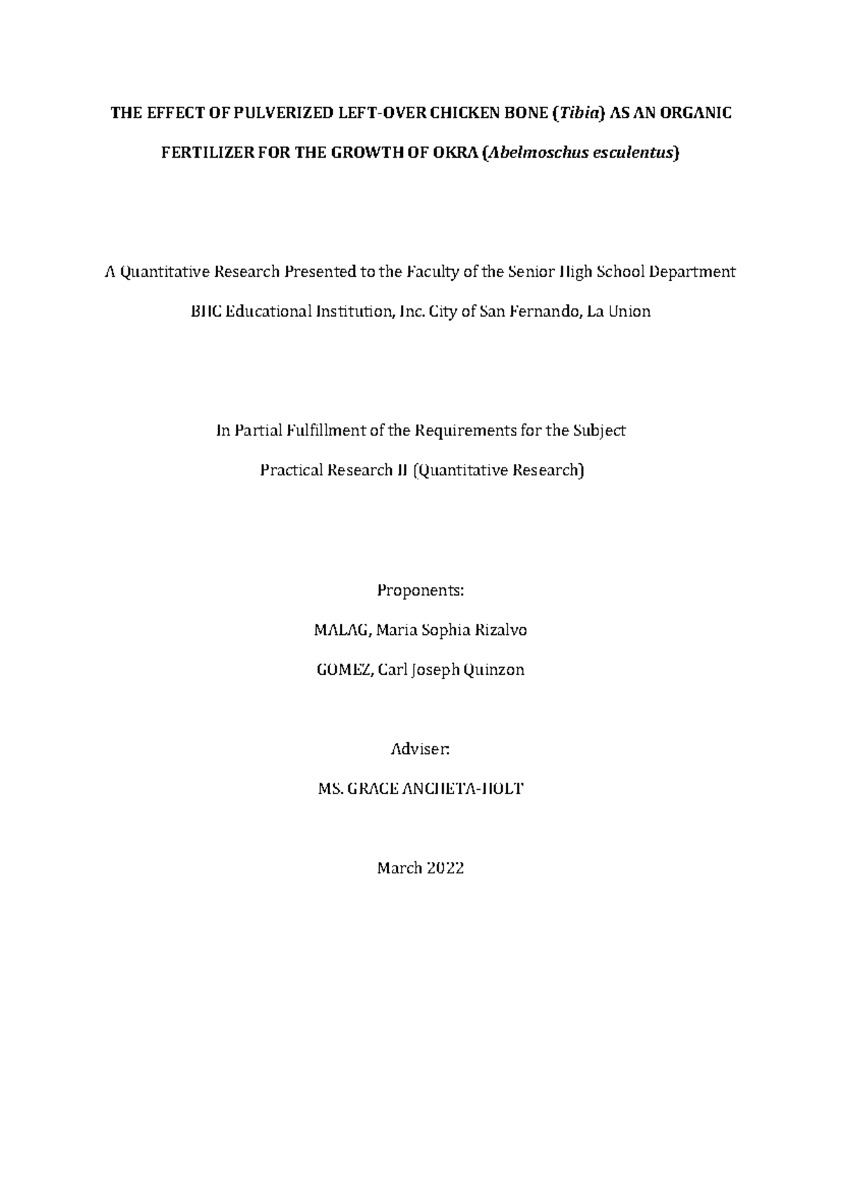 Effectiveness of Pulverized Chicken Bone as Organic Fertilizer in ...