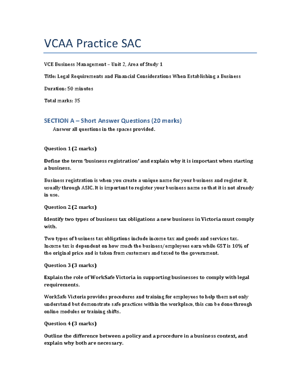 VCAA Practice SAC BM U2 AOS 1: Legal & Financial Aspects of Business ...