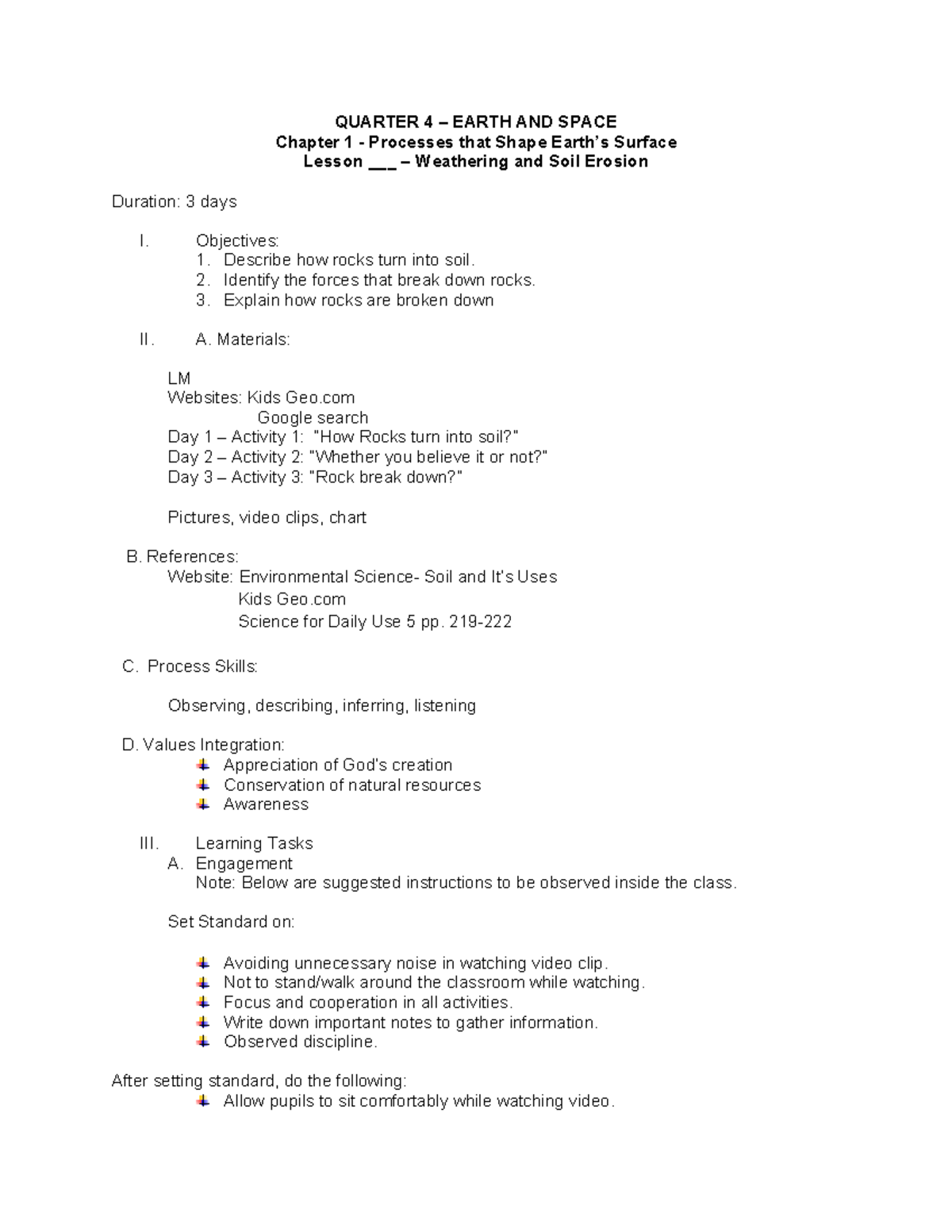 S5FE-IVa-1 TG Lesson Plan: Weathering & Soil Erosion (Q4, 3 Days) - Studocu